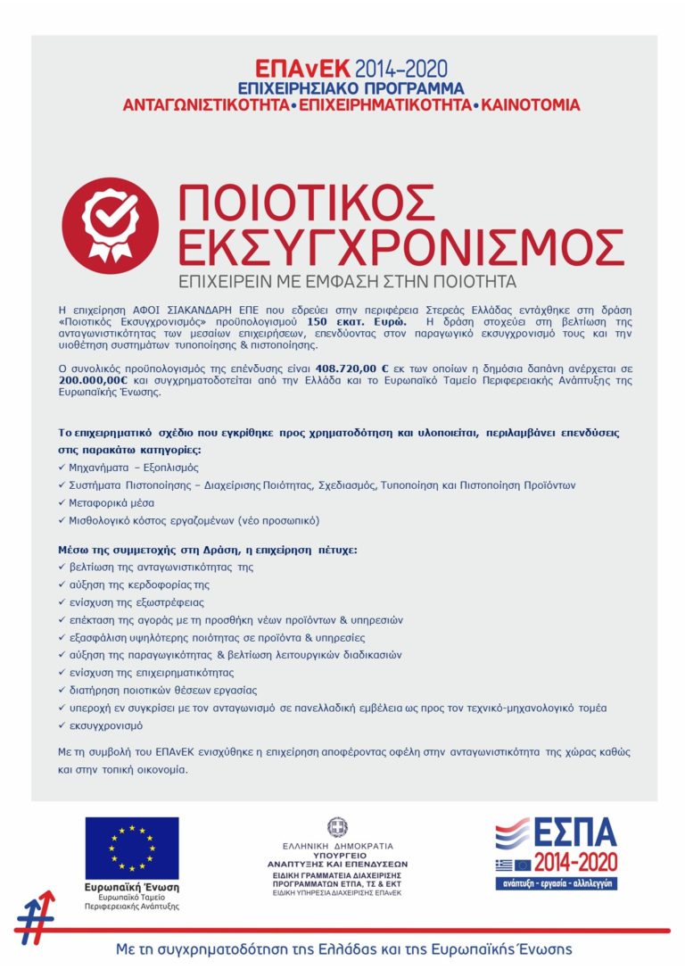 ΕΝΤΑΞΗ ΤΗΣ ΑΦΟΙ ΣΙΑΚΑΝΔΑΡΗ ΕΠΕ ΣΤΗ ΔΡΑΣΗ «ΠΟΙΟΤΙΚΟΣ ΕΚΣΥΓΧΡΟΝΙΣΜΟΣ ...